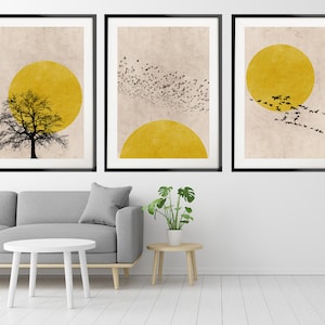 Yellow Set of 3 Prints, Sun Silhouette Art Prints, Scandinavian Print ...