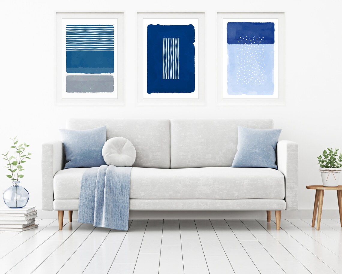 Abstract Light Blue and Grey Print Set of 3, Minimalist Wall Art Set of ...