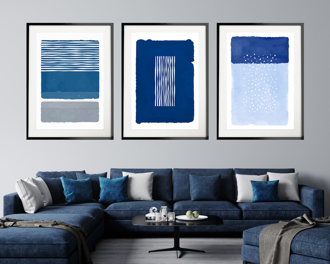 Abstract Light Blue and Grey Print Set of 3, Minimalist Wall Art Set of ...