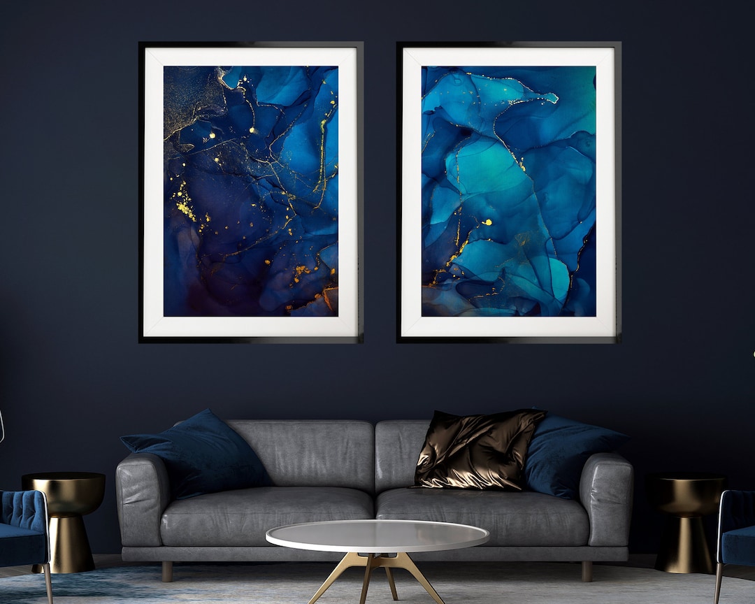 Dark Blue and Gold Abstract Art Print Set of 2, Navy Blue Wall Art ...