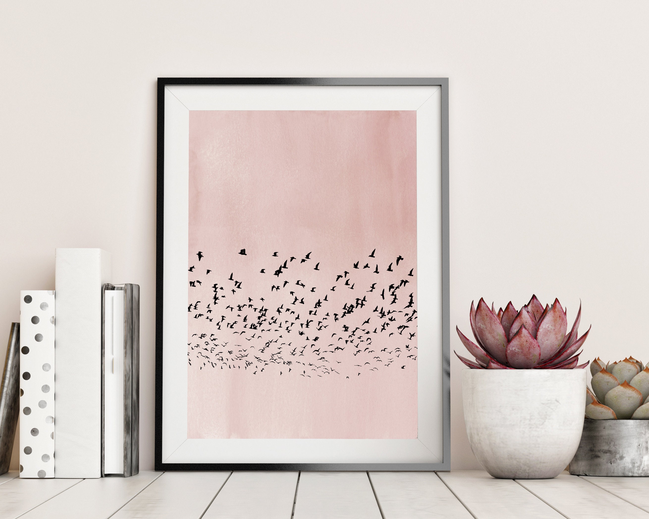 Blush Pink Bird Flock Silhouette Print, Pink Abstract Art Print, Girls ...