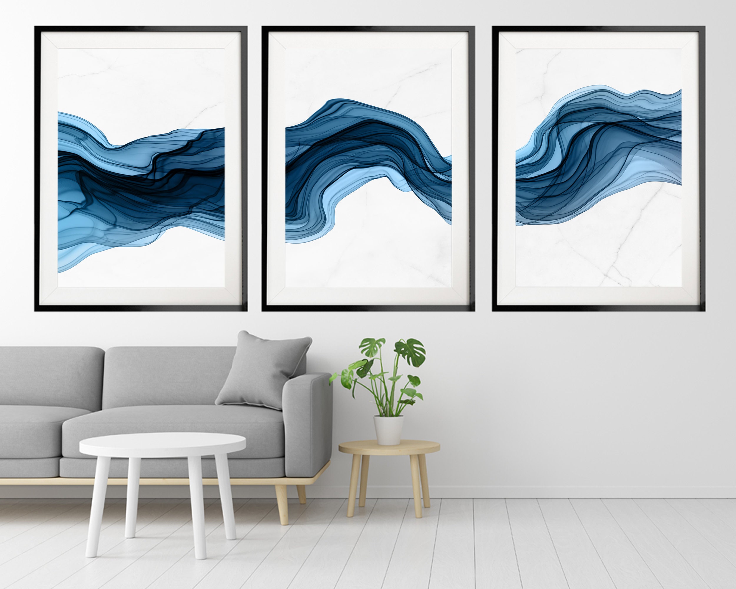 Abstract Blue Print Set of 3, Marble Fine Art Print, Minimalist Wall ...