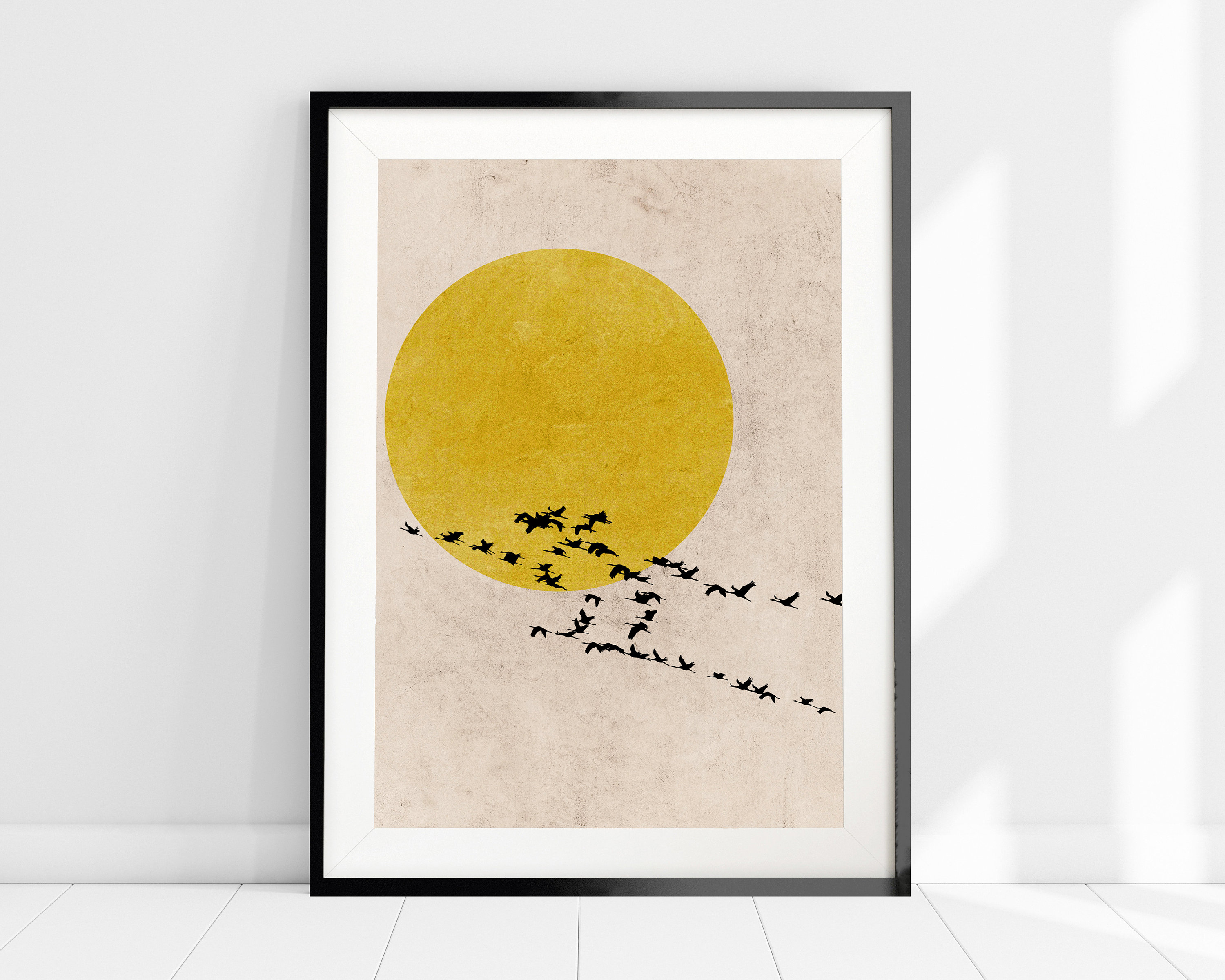 Yellow Art Print, Bird Flock Sun Silhouette Print, Nature Art Print ...