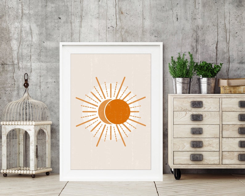 Orange Boho Sun Print, Abstract Sun Print, Burnt Orange and Beige Wall ...