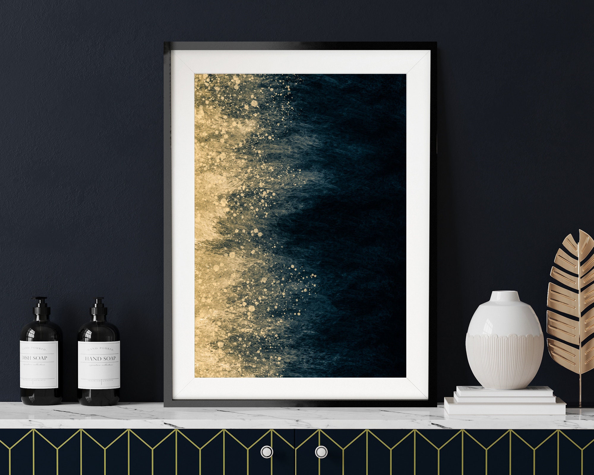 Dark Blue and Gold Abstract Art Print, Navy Abstract Painting Print ...
