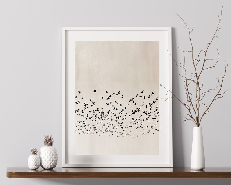 Neutral Bird Flock Silhouette Print, Minimalist Nordic Art Print ...