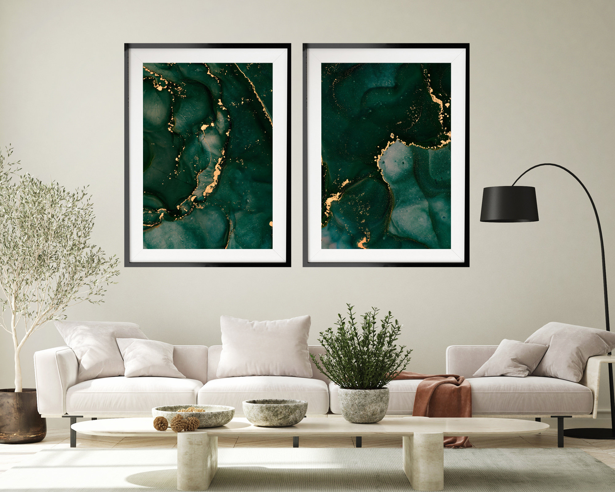 Dark Green and Gold Abstract Art Set of 2 Prints, Emerald Green Marble ...