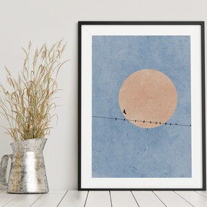 Moonlight Silhouette Print, Birds Nature Abstract Art Print, Pink Moon ...