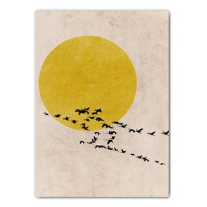 Yellow Art Print, Bird Flock Sun Silhouette Print, Nature Art Print ...