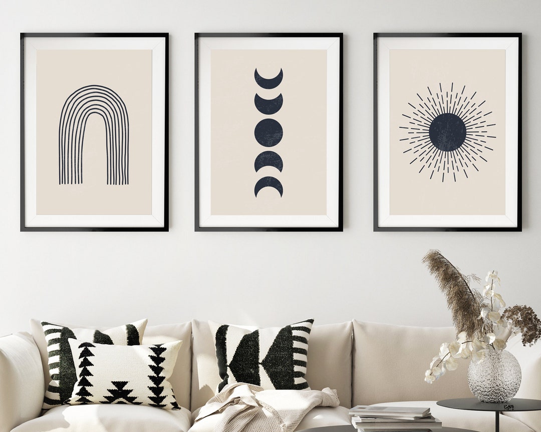 Neutral Boho Print Set of 3, Moon Phase and Sun Prints, Celestial Art ...