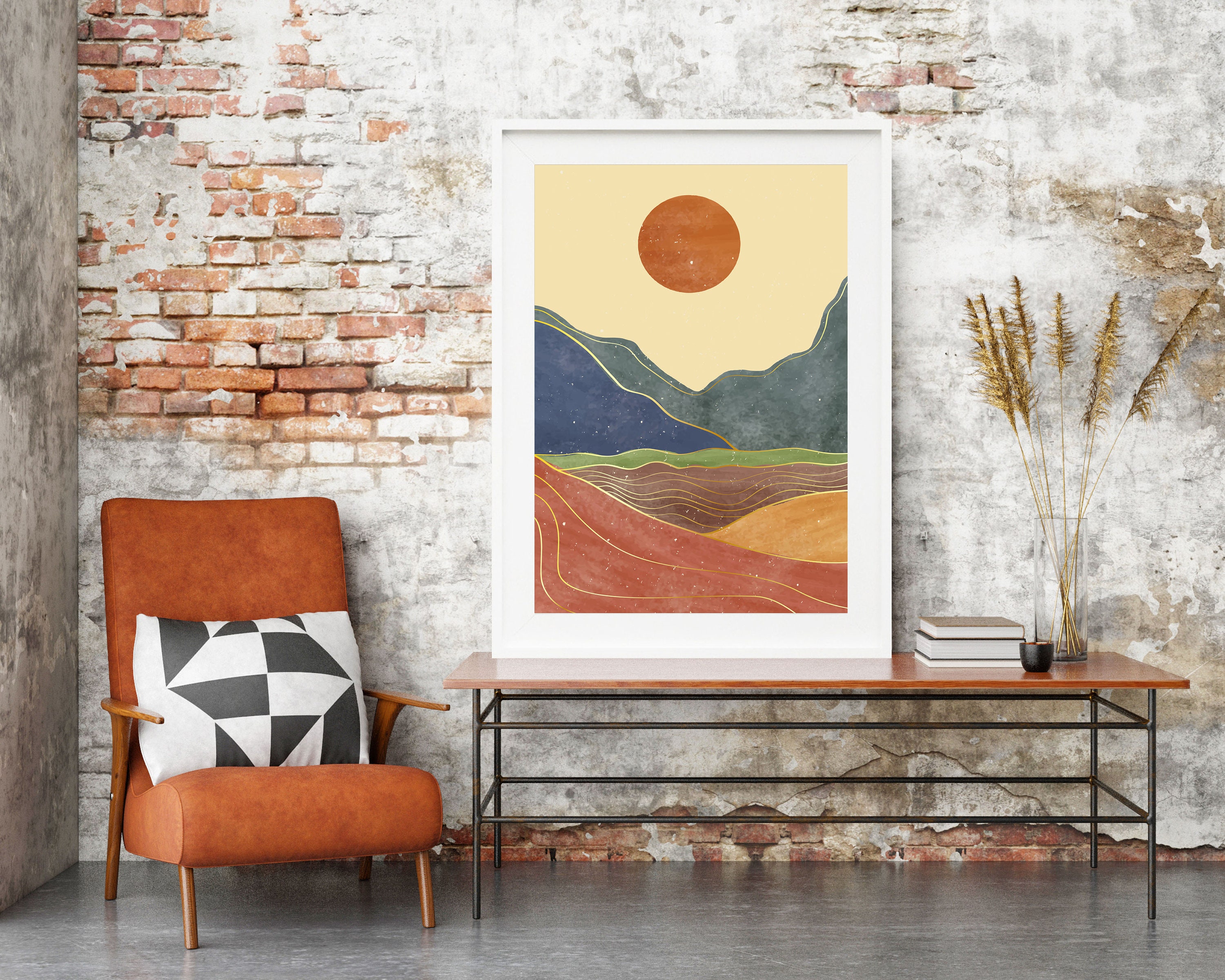 Boho Mountain Art Print, Mid Century Sunset Hills Wall Art, Nordic ...