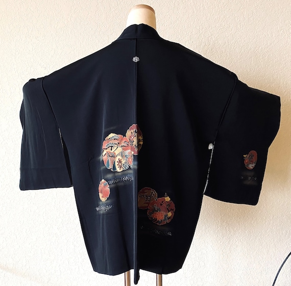 Japanese vintage Black Haori Kimono Jacket Silk 100％ - Gem