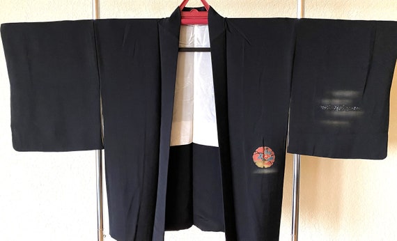 Japanese vintage Black Haori Kimono Jacket Silk 100％ - Gem