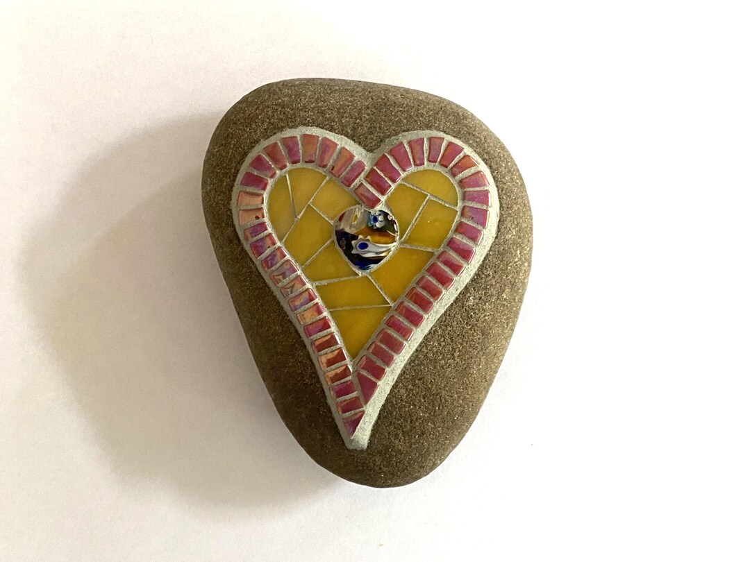 Handmade Mosaic Rock - Yellow Red Heart - Etsy