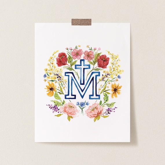 Floral Marian Cross Catholic Print - Etsy