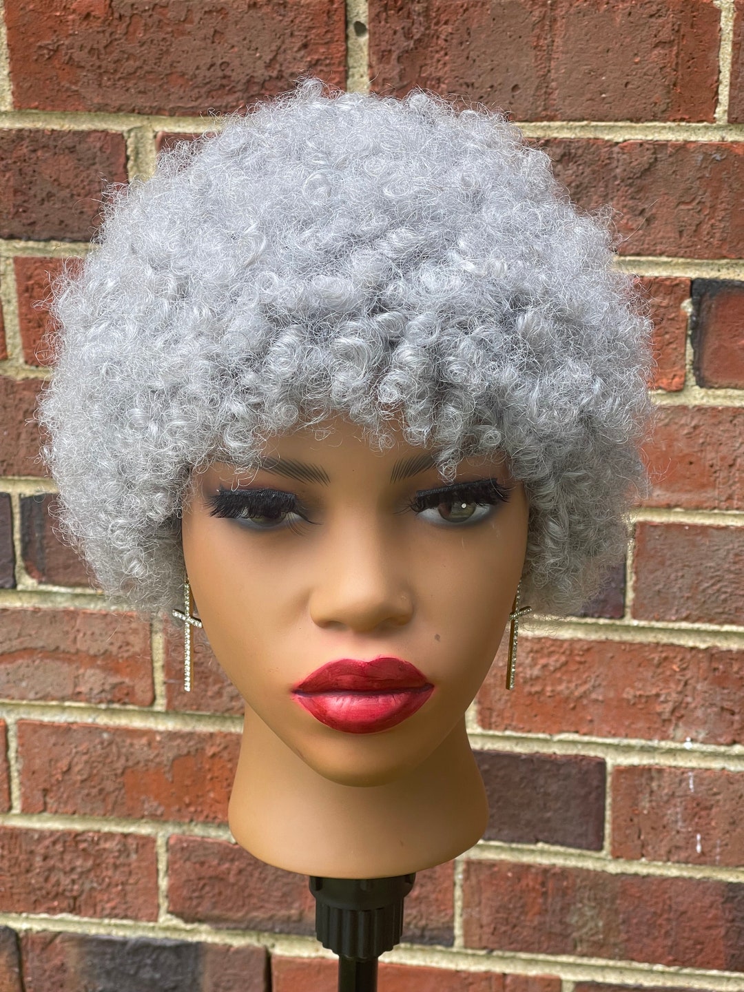 Kinky Curly Mixed Grey Silver Gray Afro Synthetic Wig With Full Bangs ...