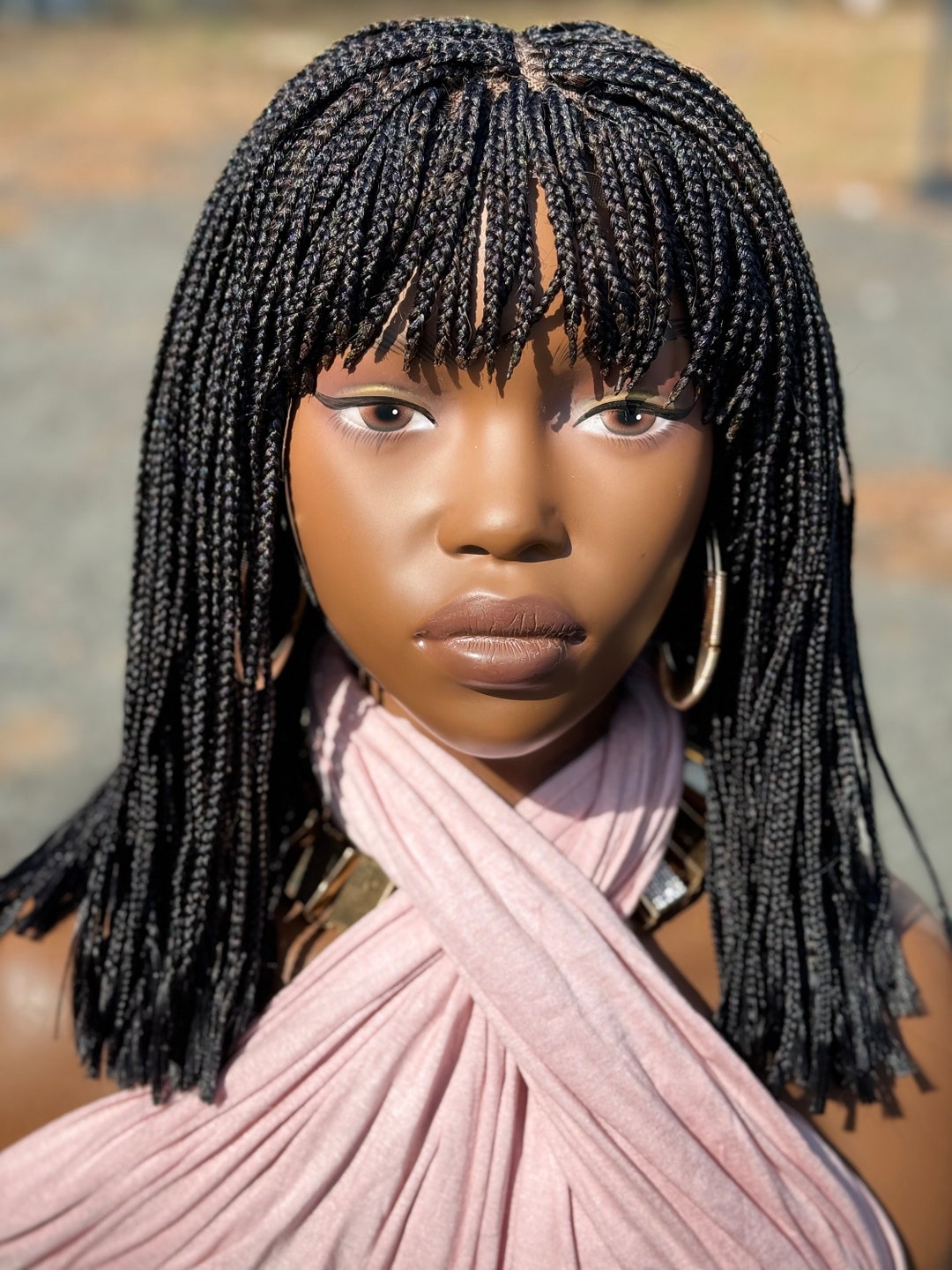 Long Blunt Cut Bob W/bangs Micro Size Braid W/ Fringed Ends Lace Wig - Etsy