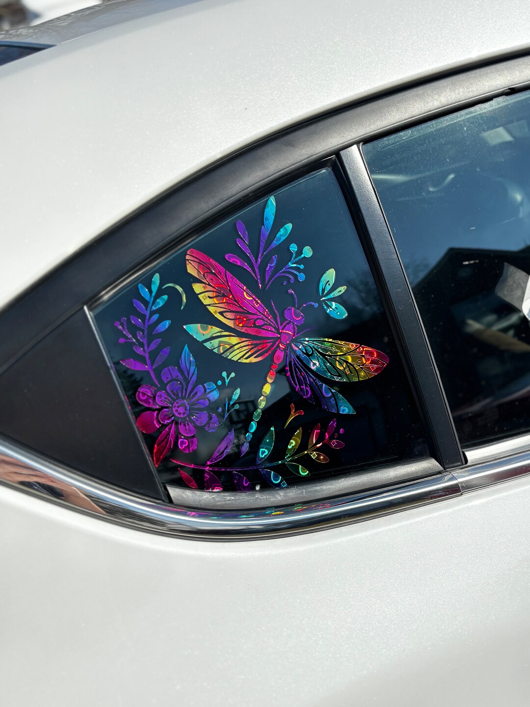 Floral Dragonfly Car Window Decal - Rainbow Holographic, Window Vinyl ...