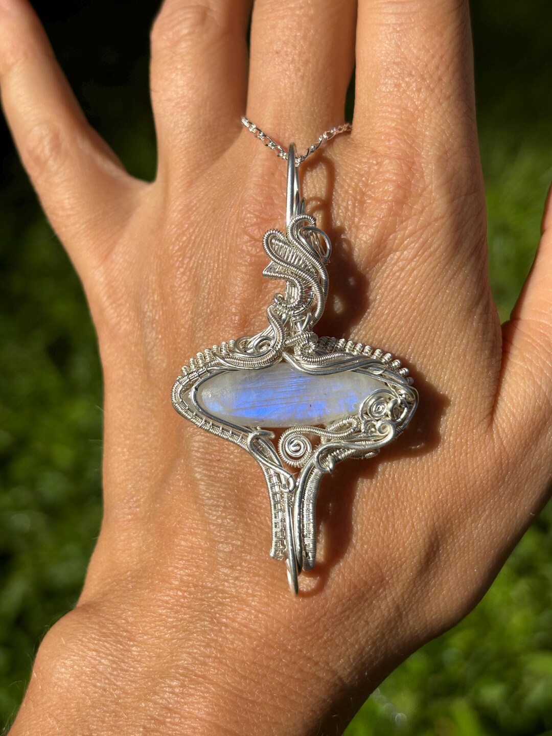 Fine Silver Moonstone Pendant: Elven Wire Wrap Talisman - Etsy