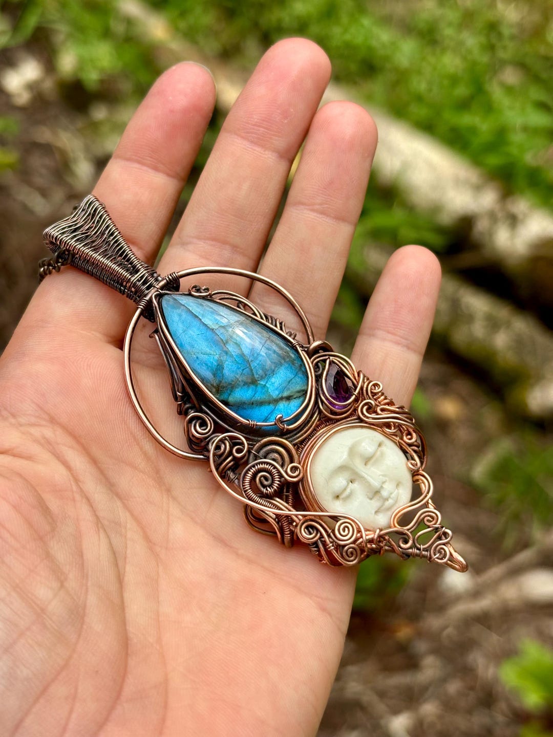 Goddess Amulet/carved Bone Face Pendant/crystal Labradorite/amethyst ...