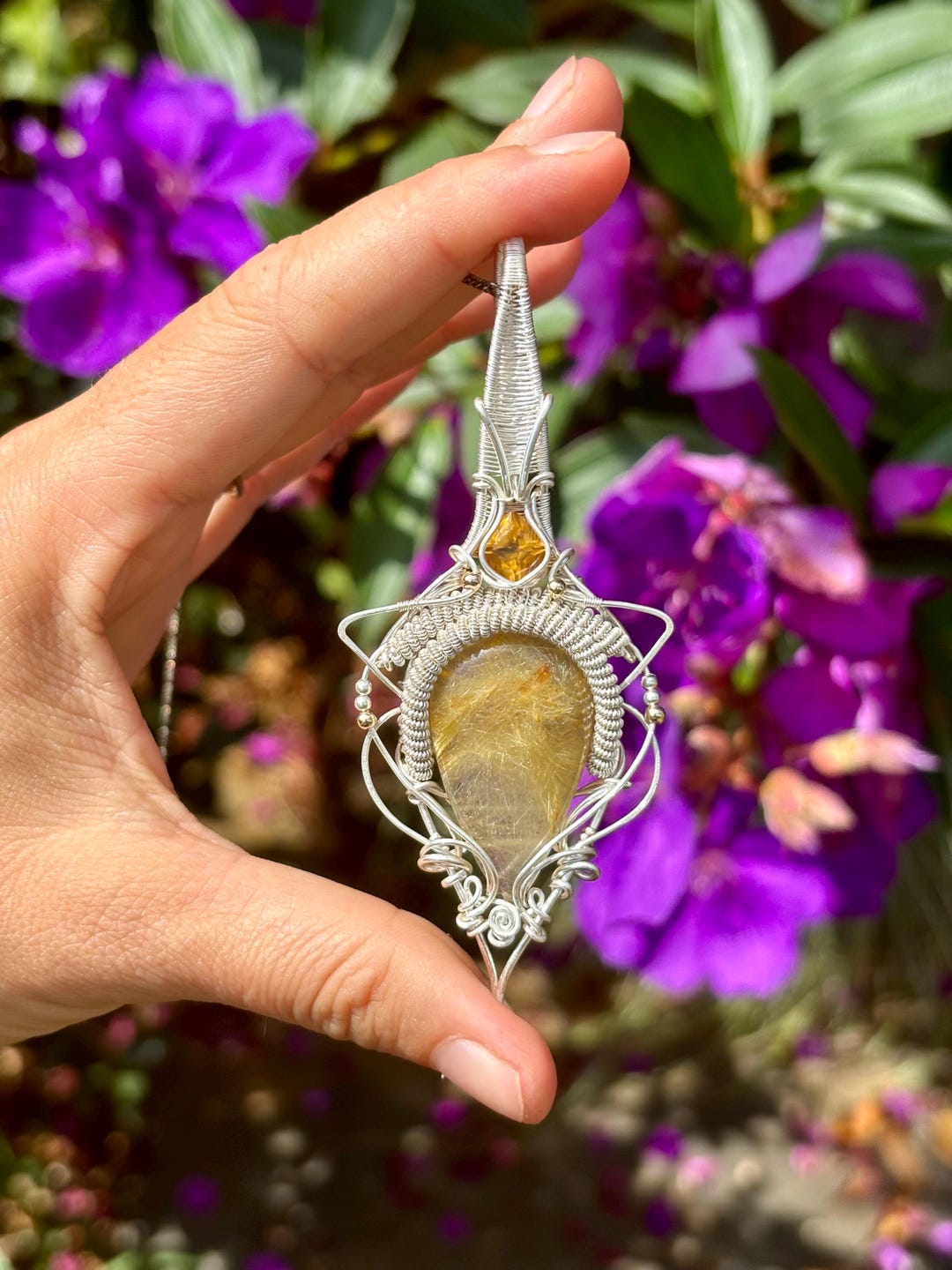 Super Manifesting Abundance Portal Crystal Pendant/rutilated Quartz/14k Gold Beads/fine Silver ...