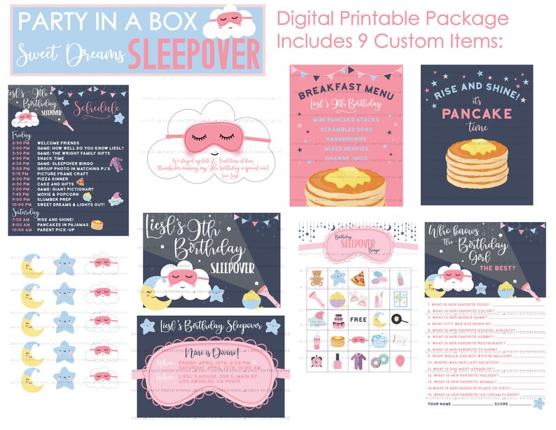 Custom Digital Party in a Box, Printable PDF Sweet Dreams Sleepover ...