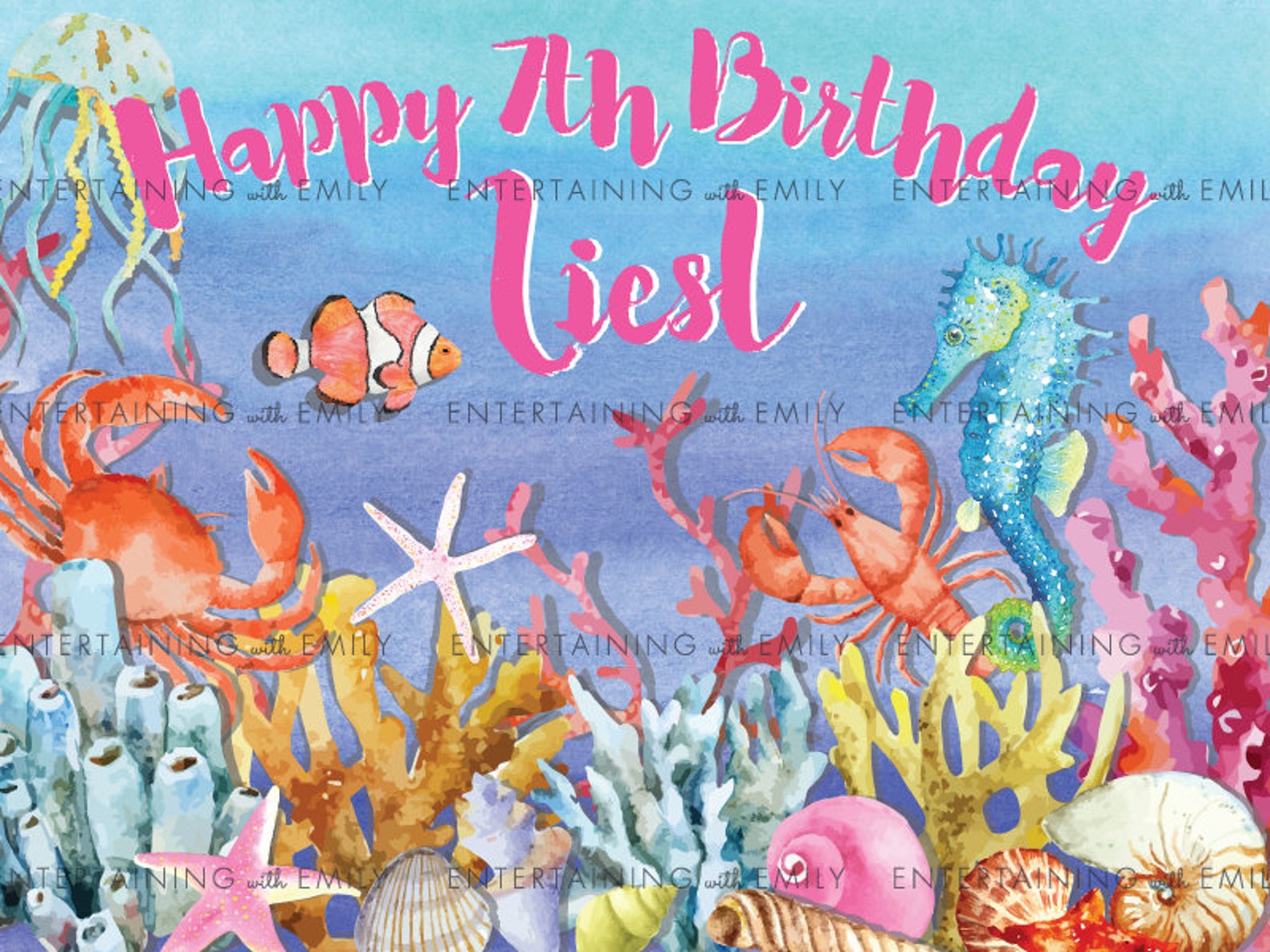 Under the Sea Watercolor Happy Birthday Cake Backdrop, Dessert Table ...