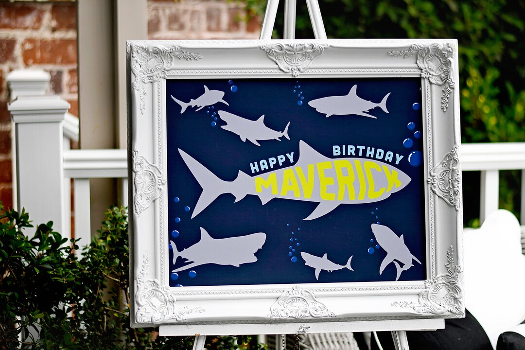 Shark Party 16 X 20 Digital Printable PDF Tabletop Sign Name in Shark ...