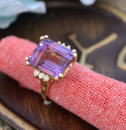 RECTANGULAR Faceted Natural AMETHYST ENGAGEMENT Ring With Diamonds in ...