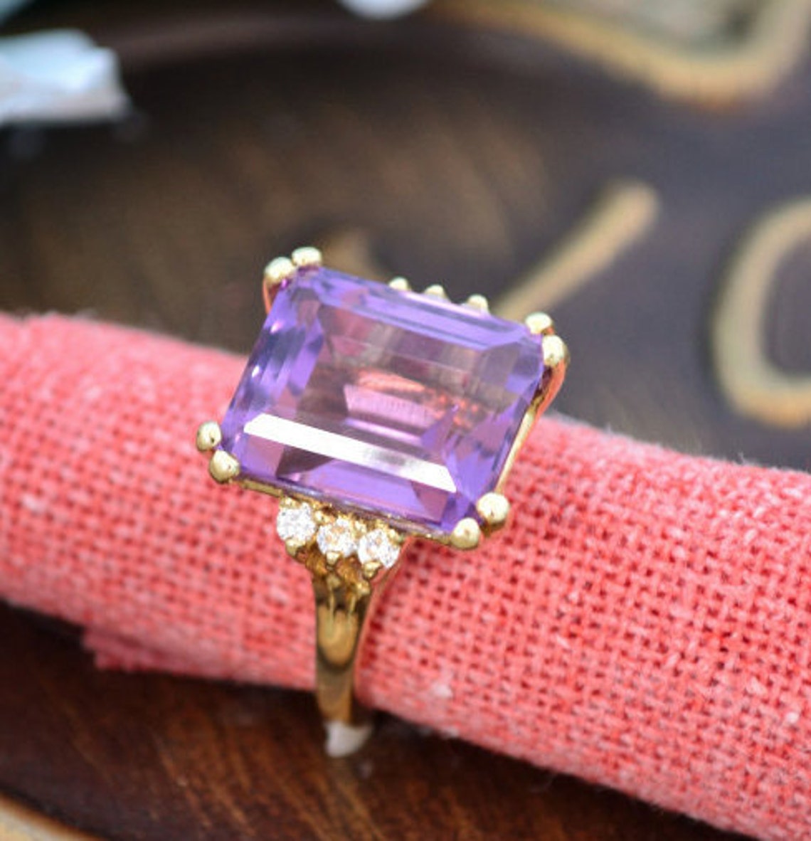 RECTANGULAR Faceted Natural AMETHYST ENGAGEMENT Ring With Diamonds in ...