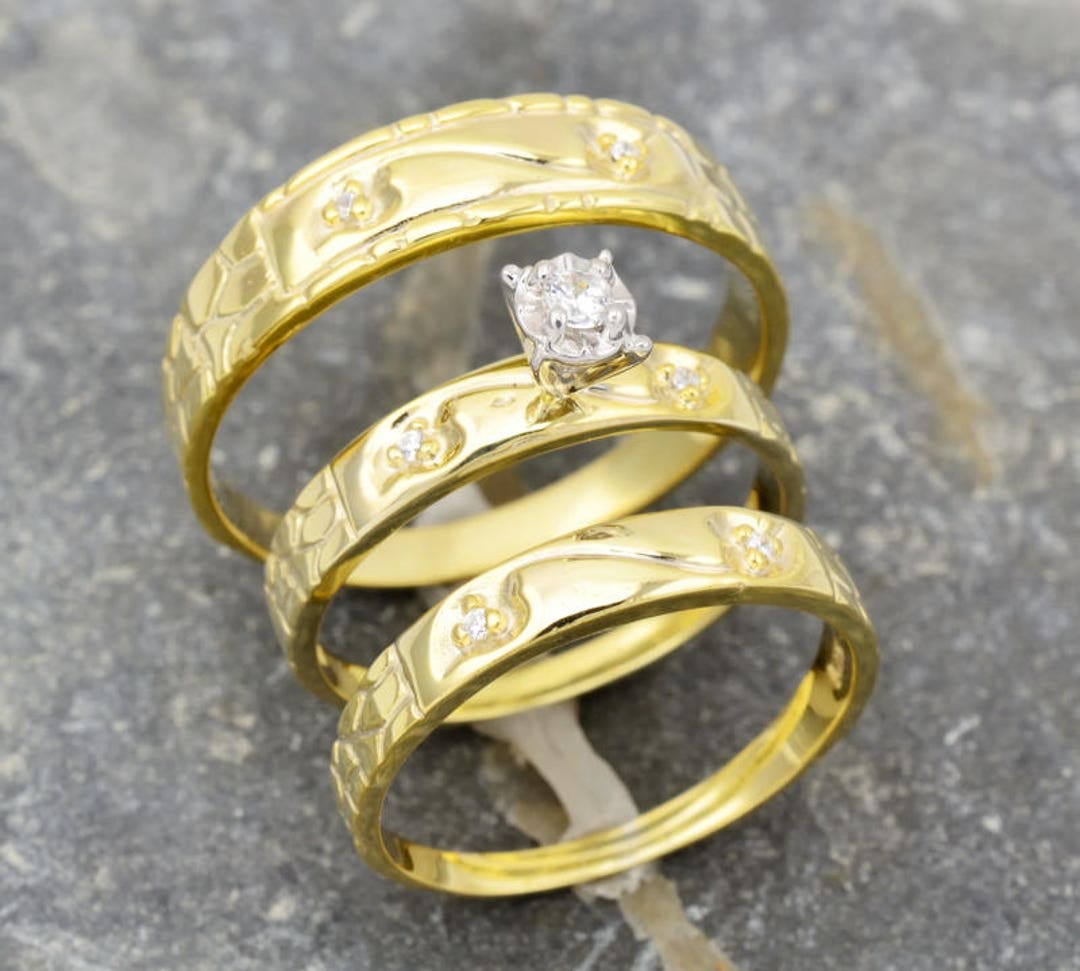 YELLOW GOLD Wedding Triple Set, Diamond Triple Wedding Set, Yellow Gold ...