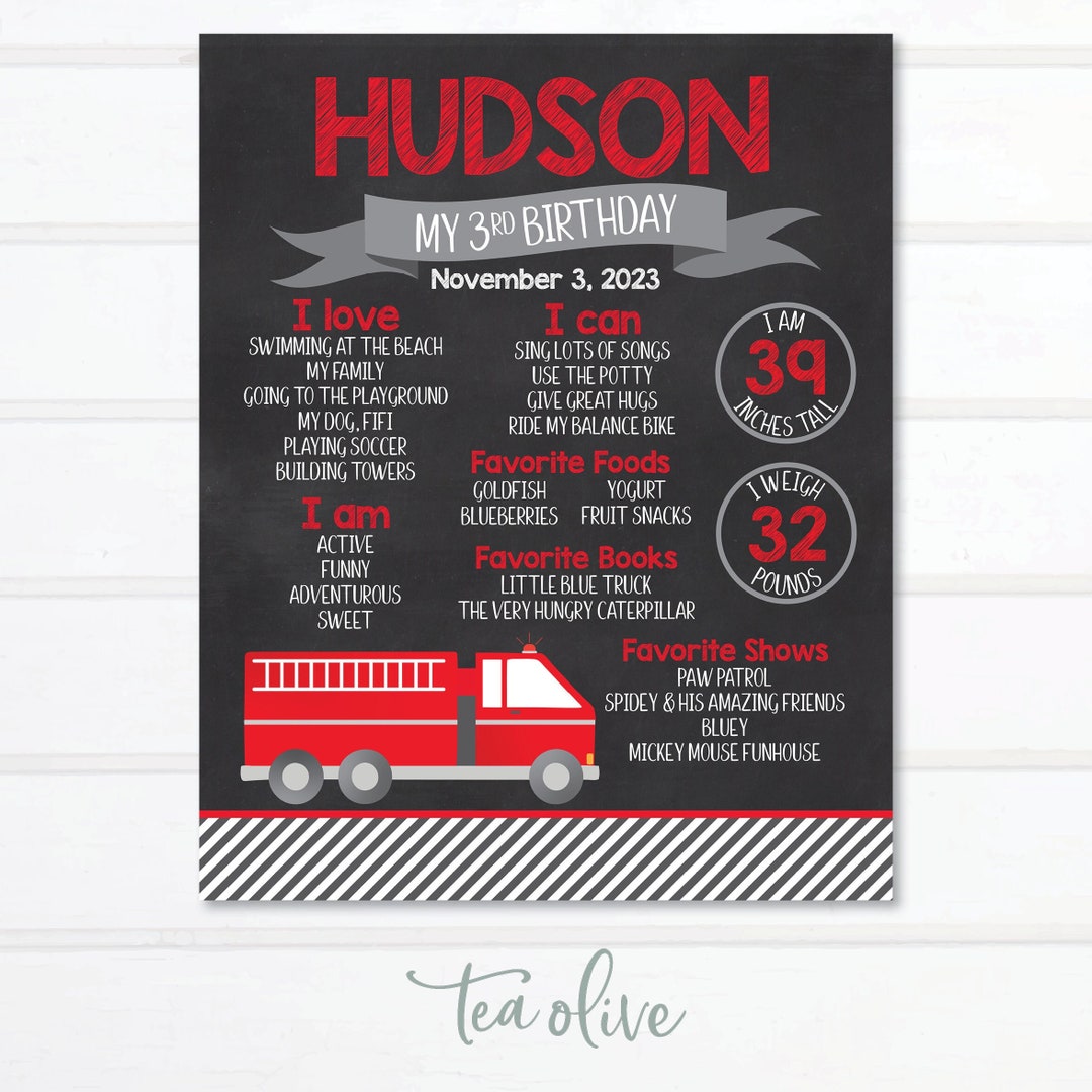Fire Truck Birthday Chalkboard Sign: Firefighter Poster (digital ...