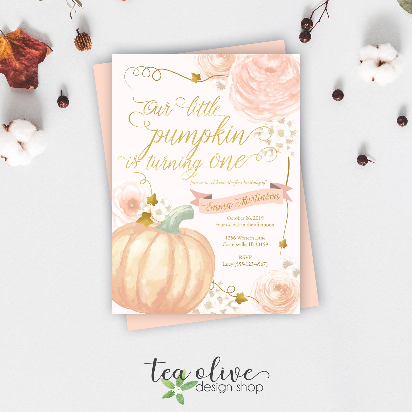 Girl's Pumpkin Party Invitation Fall Gold and Pink - Etsy