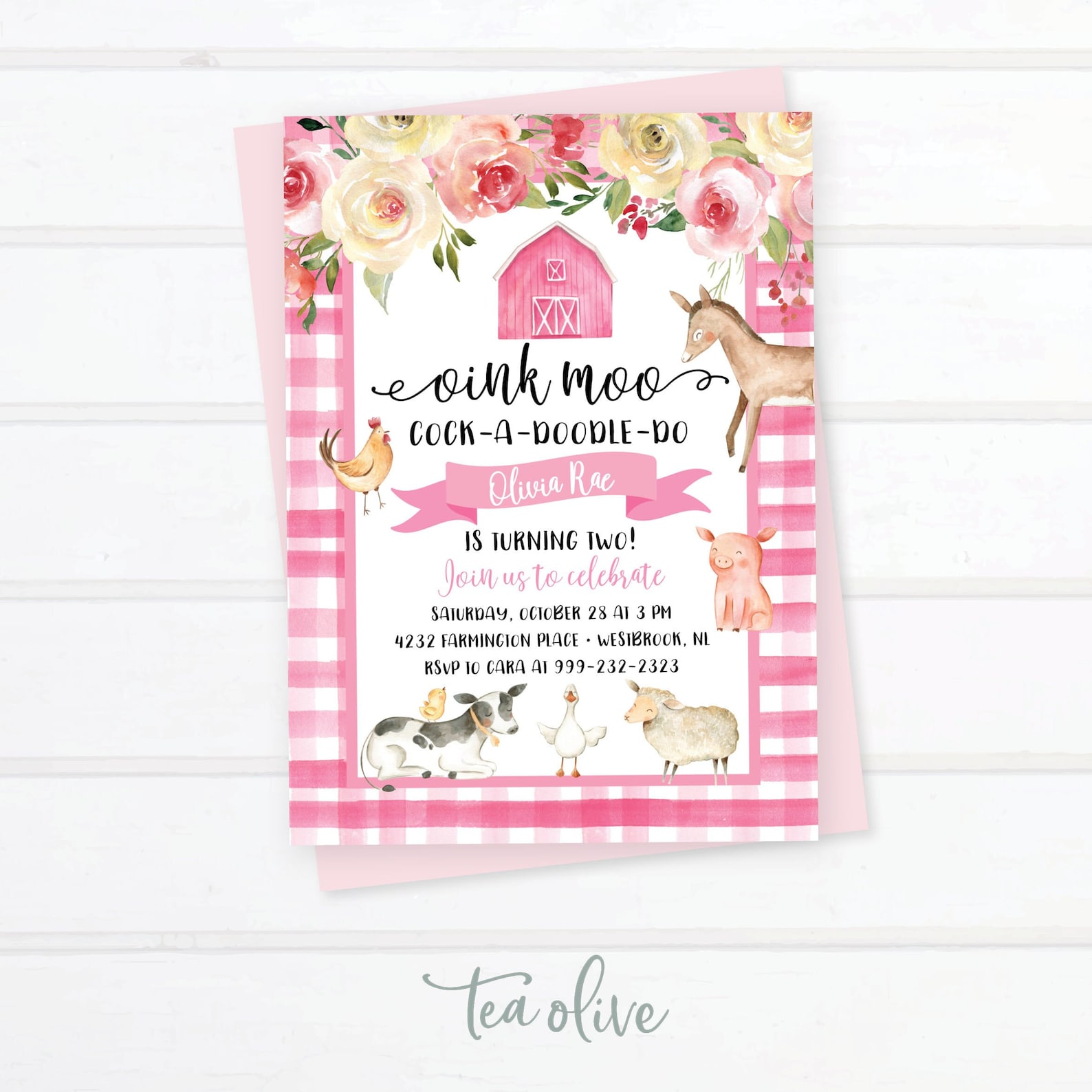 Girl's Farm Birthday Invitation Pink Gingham Farm Animal - Etsy