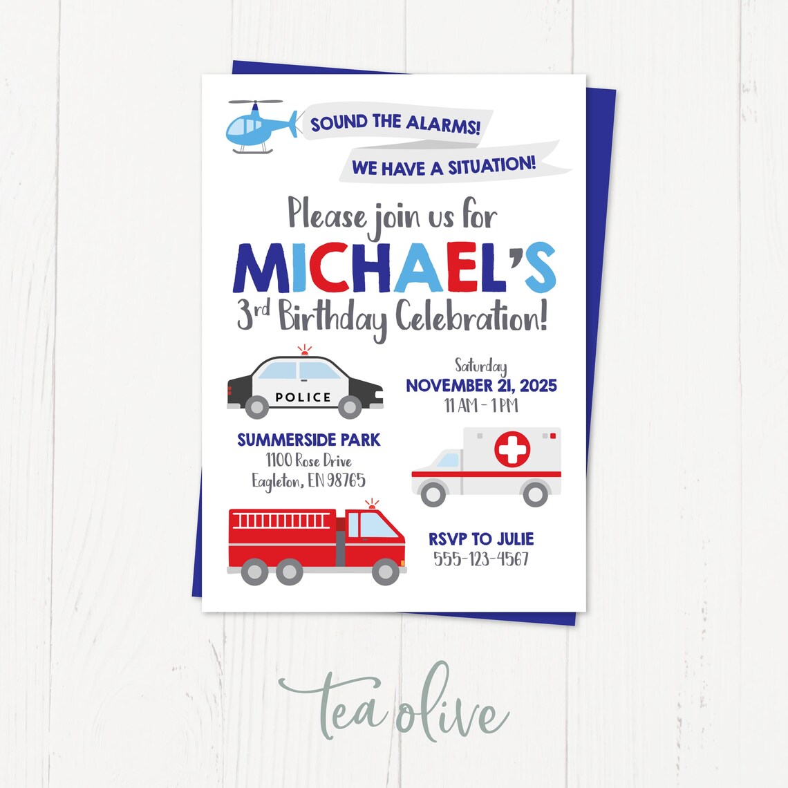 Emergency Vehicle Birthday Party Invitation: Fire Truck, Police Car ...