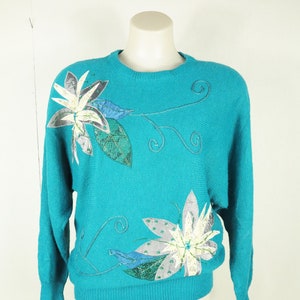 Embellished 80s Jumper / Embroidered Vintage Pullover / Turquoise Sequin Sweater / Beaded / Aqua ...