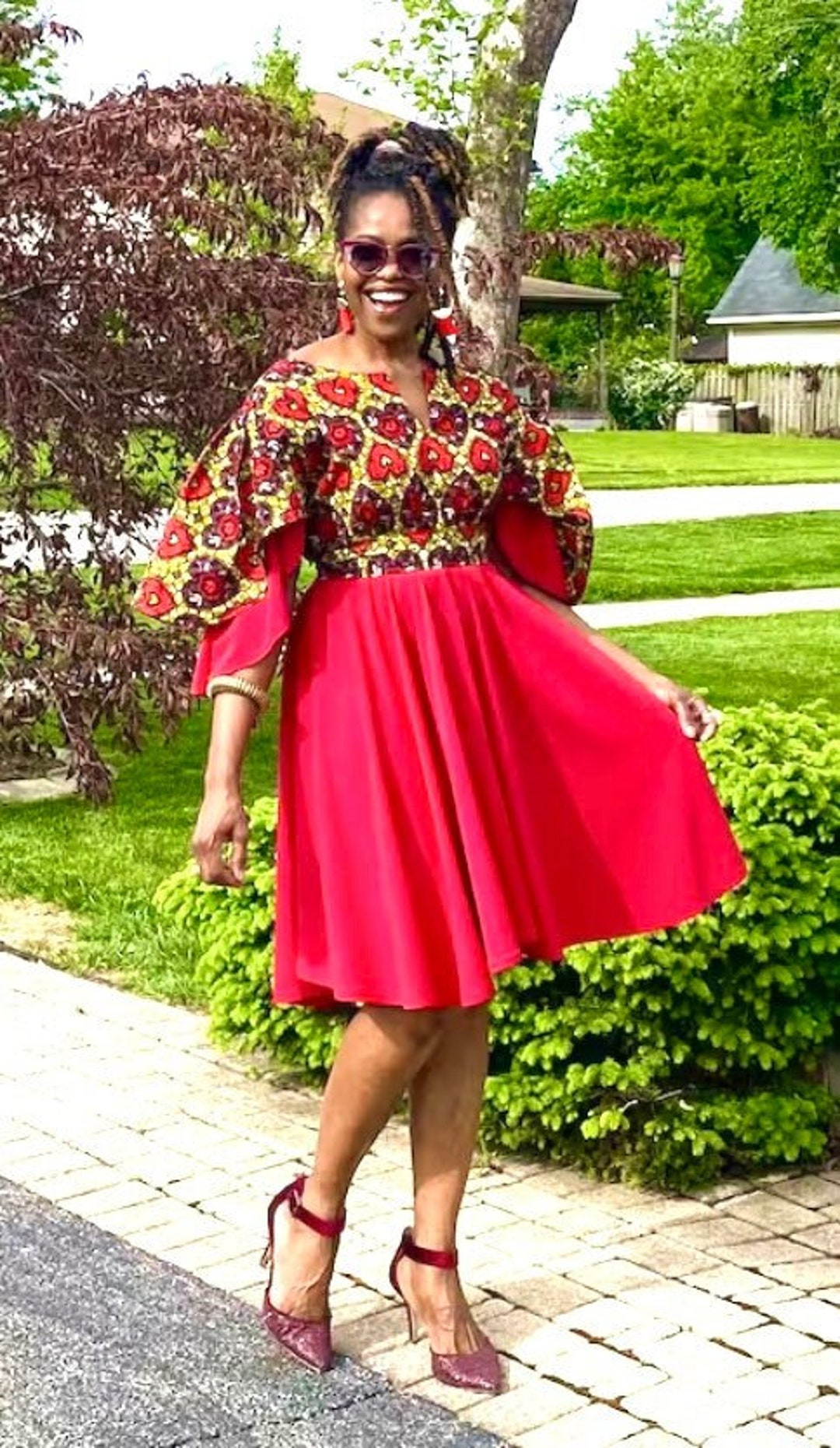 Ruby Red African Print Dress, Flare Sleeve Ankara Gown - Etsy