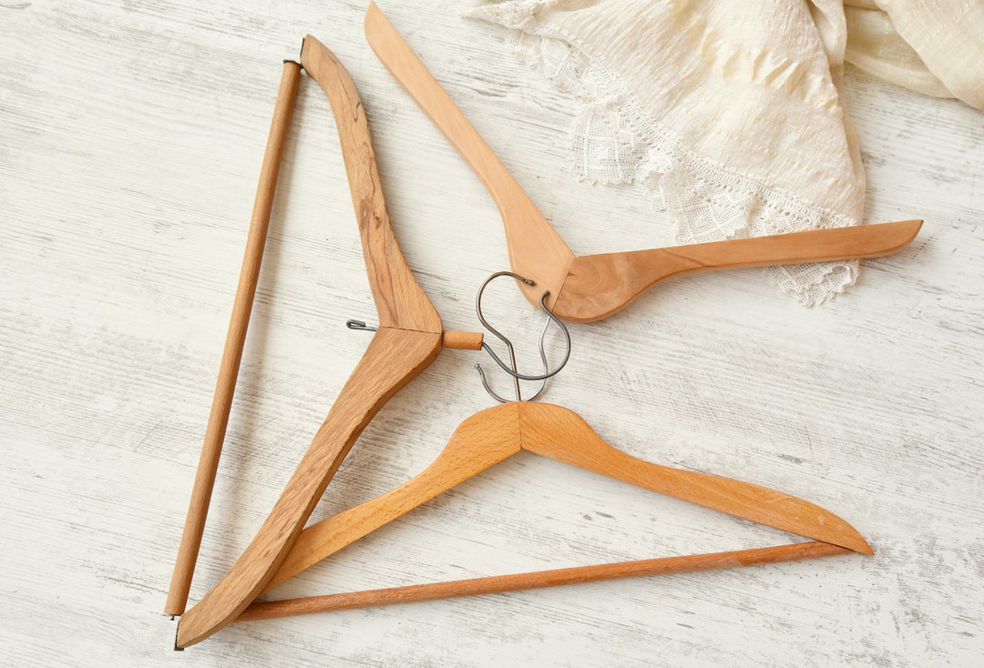 Set of 3 Vintage Wooden Clothes Hangers//metal Hooks//rustic Hanger ...