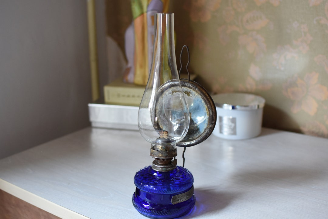 Vintage Cobalt Blue Glass Large Glass Gas Lantern//old Desktop Lamp ...