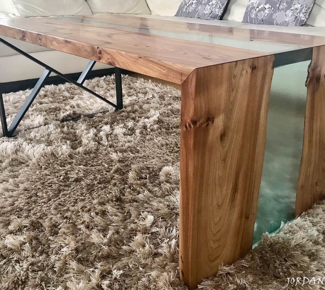 Waterfall River Table Made of Elm Wood and Turquoise Epoxy - Etsy