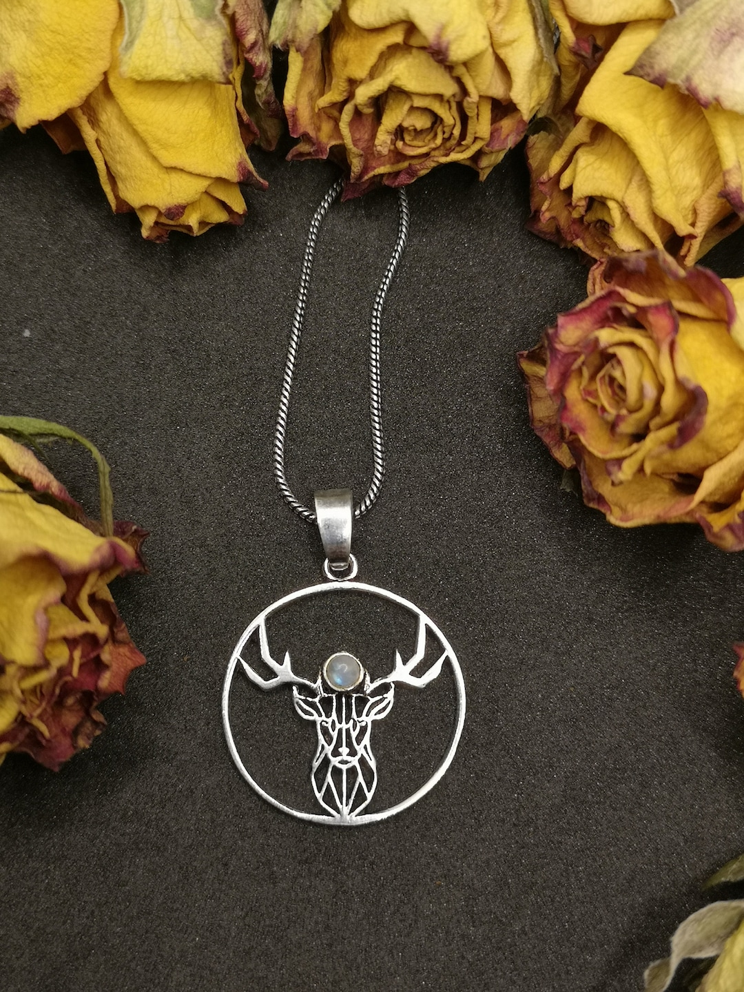 Moon Stone Stag Head - FAUX SILVER PENDANT Celtic Pagan Bohemian Druid ...