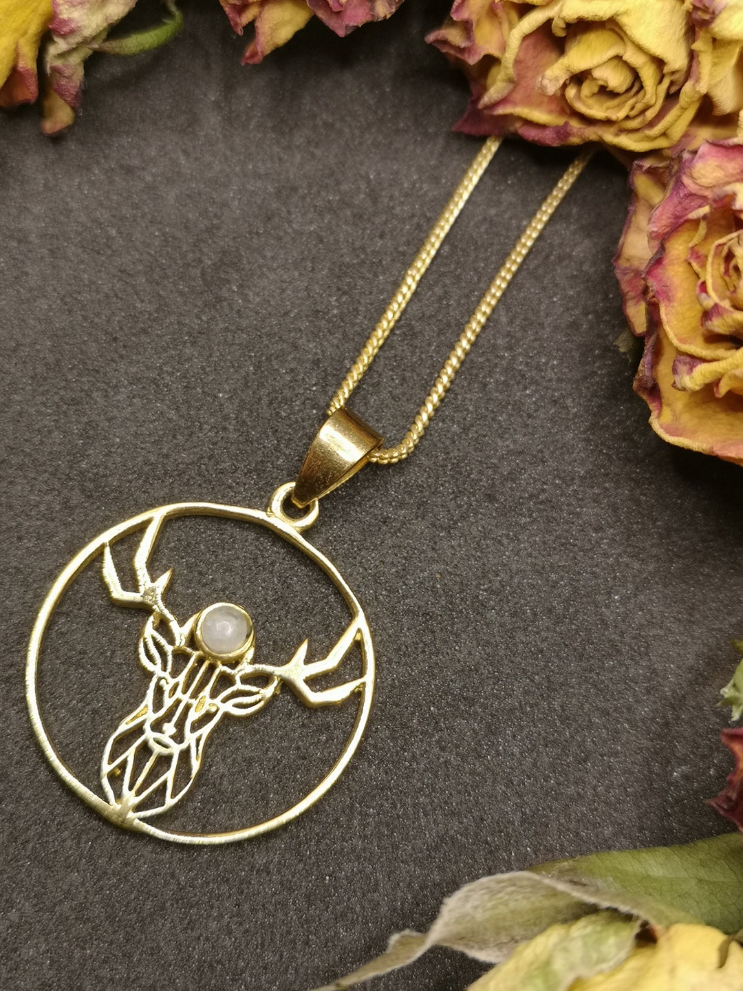 Moon Stone Stag Head - BRASS PENDANT Celtic Pagan Bohemian Druid ...