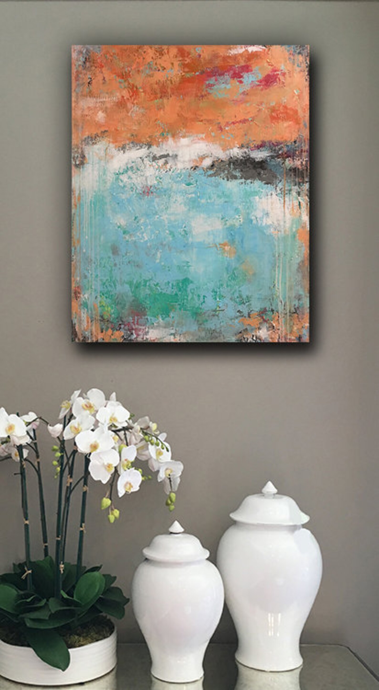 CANVAS PRINT Turquoise Blue Teal Coral White Abstract Contemporary ...