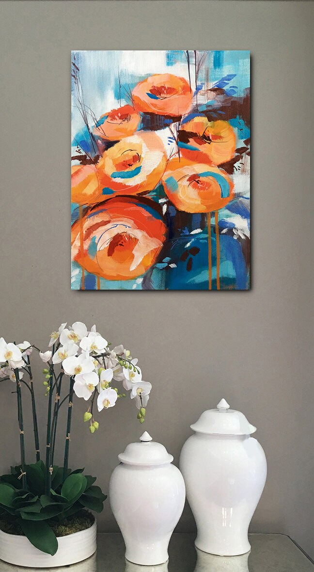 CANVAS PRINT Orange Blue Turquoise Floral Abstract Contemporary Modern ...