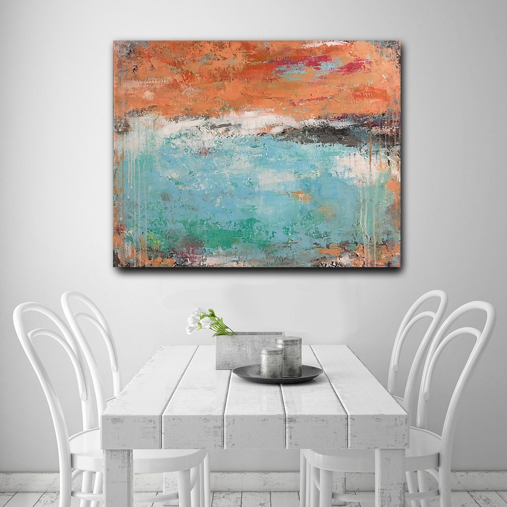 CANVAS PRINT Turquoise Blue Teal Coral White Abstract Contemporary ...