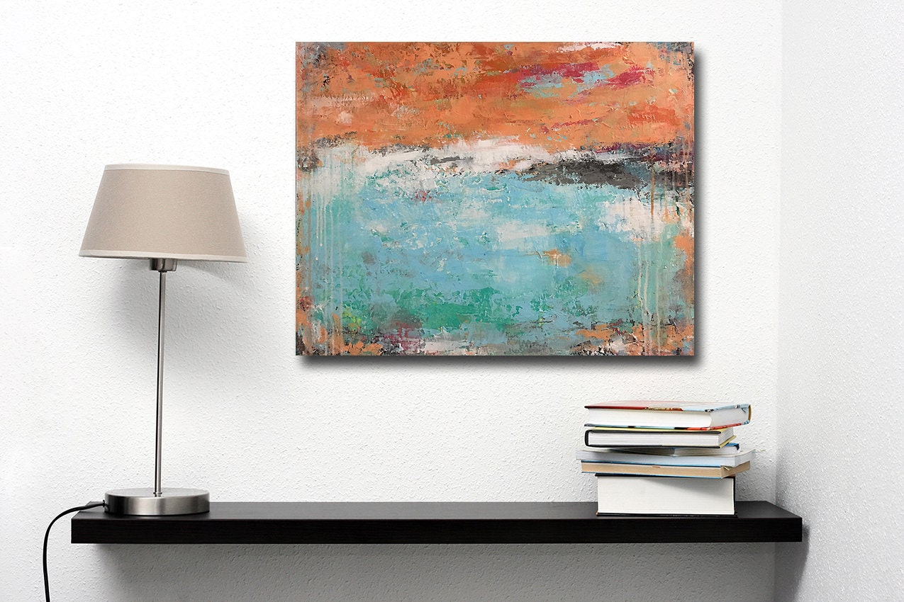 CANVAS PRINT Turquoise Blue Teal Coral White Abstract Contemporary ...