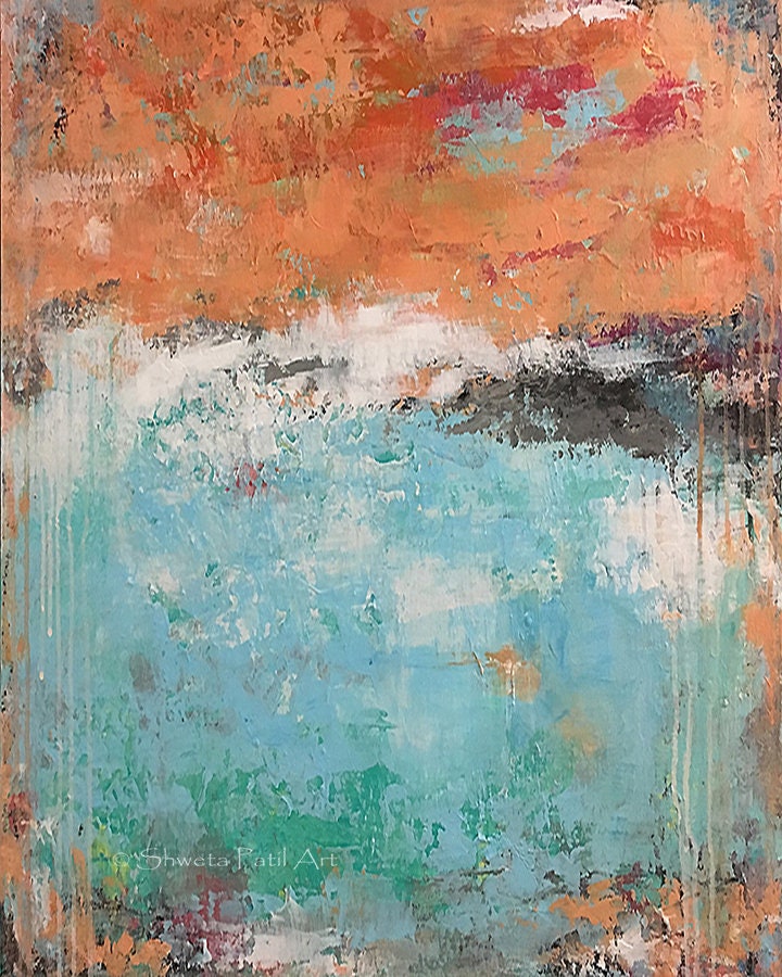CANVAS PRINT Turquoise Blue Teal Coral White Abstract Contemporary ...