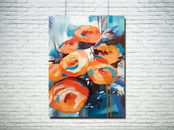 CANVAS PRINT Orange Blue Turquoise Floral Abstract Contemporary Modern ...