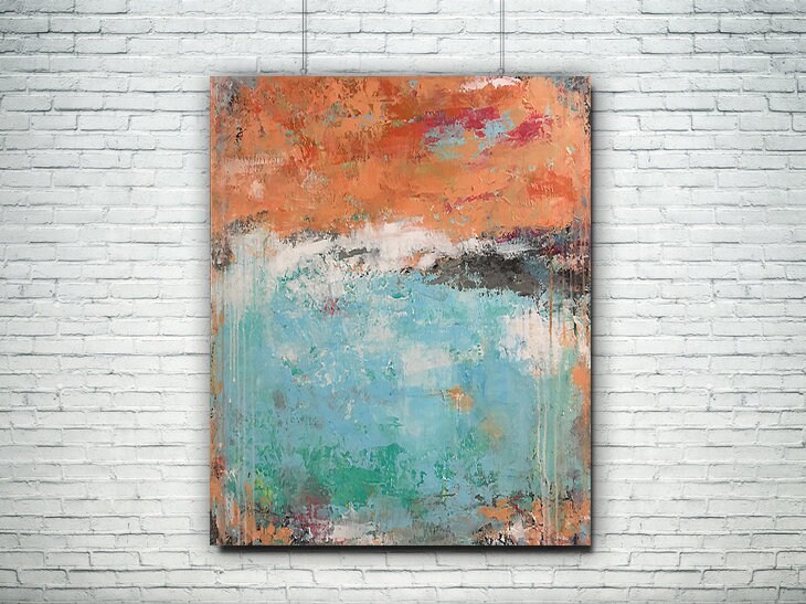 CANVAS PRINT Turquoise Blue Teal Coral White Abstract Contemporary ...