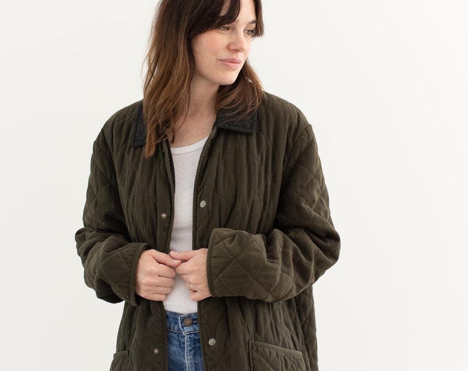 Vintage Olive Green Quilted Barn Yard Jacket Unisex Perry Ellis Snap ...